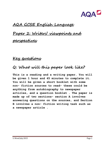 NEW AQA GCSE English Language Paper 2: Writer's Viewpoints and Perspectives (School Life) by ...