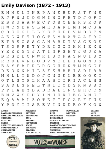 Emily Davison Word Search | Teaching Resources