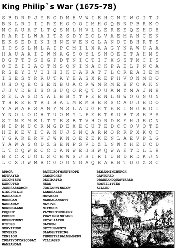 King Philip`s War Word Search | Teaching Resources