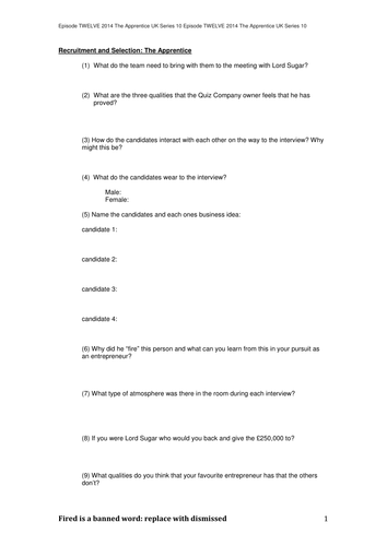 The Apprentice worksheet | Teaching Resources