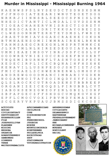 Murder in Mississippi - Mississippi Burning 1964 Word Search | Teaching ...