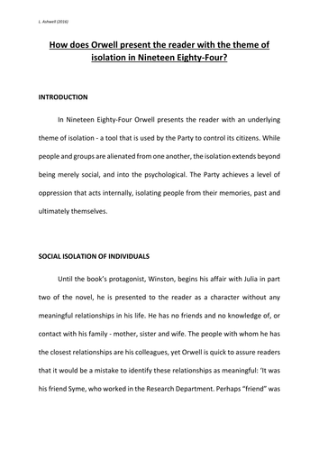 Essay: The Theme of Isolation in 1984 by George Orwell | Teaching Resources