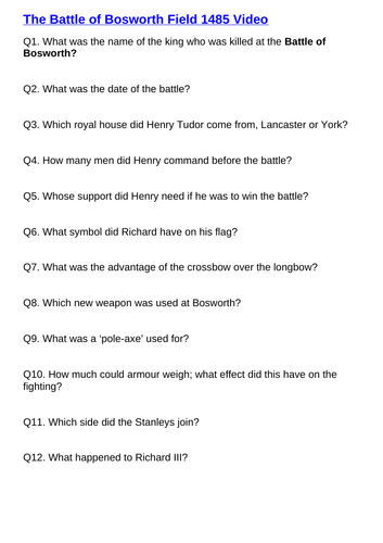 The Battle of Bosworth Field 1485 Video Question Sheet | Teaching Resources
