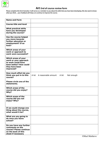 High School Art Resource - A Student Feedback Form | Teaching Resources High School Art Resource - A Student Feedback Form | Teaching Resources