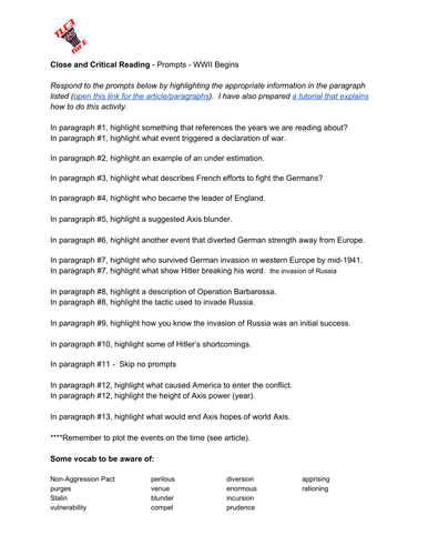 Close & Critical Reading: The Start of WWII | Teaching Resources