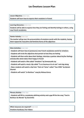 Les Émotions Lesson | Teaching Resources