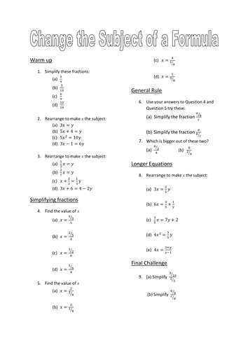 Change the Subject of a Formula | Teaching Resources