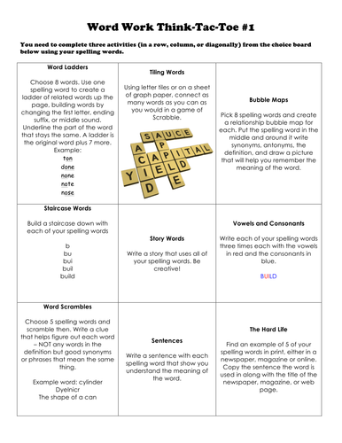 Spelling/Vocabulary/Word Work Think-Tac-Toe Set | Teaching Resources