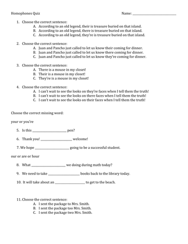 Common Homophones Quiz | Teaching Resources