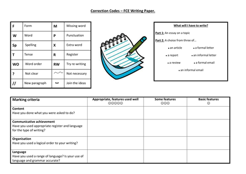 FCE English Exam - Writing Criteria & Correction Codes | Teaching Resources