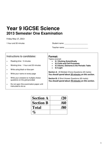 Igcse Coordinated Science Half Yearly Examination Teaching Resources