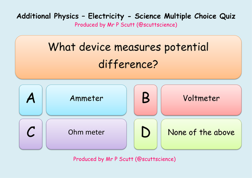 Electricity multiple choice quiz | Teaching Resources
