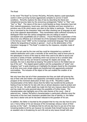 Essays Jenkin's 'The Cone Gatherers'; McCarthy's 'The Road', McIlvanney ...