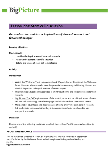 Stem cell research and debate lesson plan outline KS4 to KS5 Biology ...