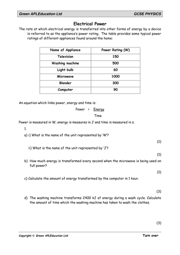 Electrical Power | Teaching Resources Electrical Power | Teaching Resources