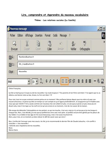 Vocabulary worksheet and Reading comp. for IB/ Topic Les relations ...
