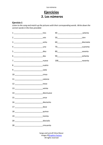 Los números (Song - The numbers to 100 in Spanish) | Teaching Resources