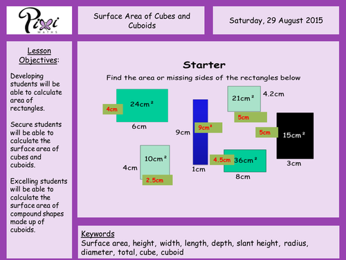 Volume and Surface Area of Cuboids Exercise by ryansmailes - Teaching ...