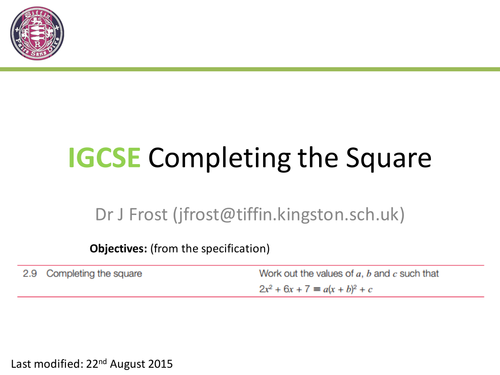 IGCSE Further Maths - Completing the Square | Teaching Resources