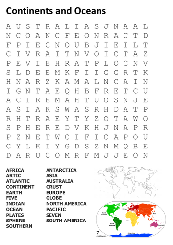Continents And Oceans Word Search