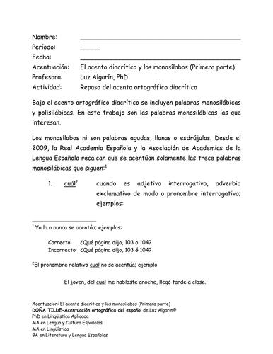 Acentuación: El acento diacrítico y los monosílabos (Primera parte ...