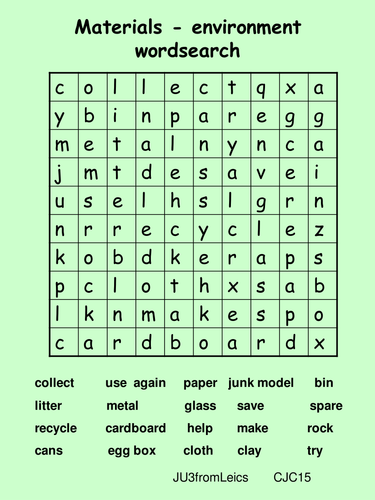MATERIALS / ENVIRONMENT/ RECYCLE/LITTER WORDSEARCH | Teaching Resources