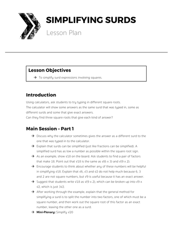 Simplifying Surds - Complete Lesson | Teaching Resources