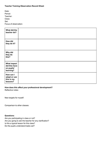 Teacher Training Observation Record Sheet by gthomasart - Teaching ...