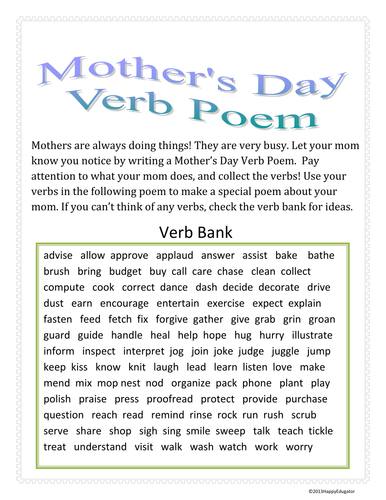 Mothers Day Verb Poem by Happyedugator - Teaching Resources - Tes
