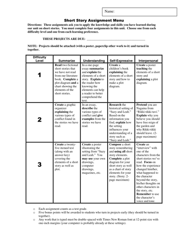 Short Story Assignment Menu | Teaching Resources