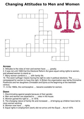 Changing Attitudes to Men and Women in the UK Crossword | Teaching ...