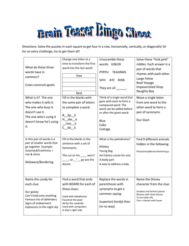 Brain Teaser Bingo Sheet | Teaching Resources