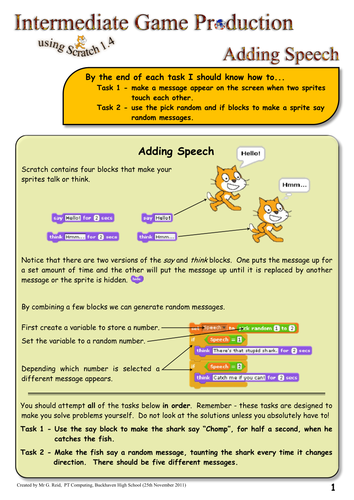 Extension Worksheets for Creating a Computer Game using Scratch ...