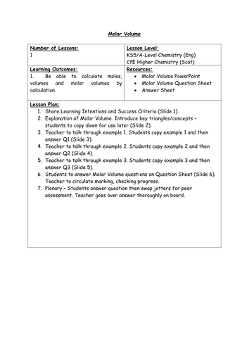 Chemistry - Masses & Gases - Molar Volume | Teaching Resources