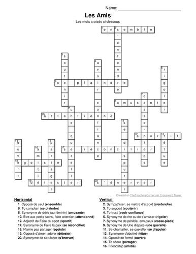 Crossword on the topic "Les Amis" | Teaching Resources