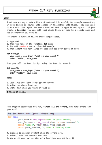 Python Functions Worksheets | Teaching Resources Python Functions Worksheets | Teaching Resources