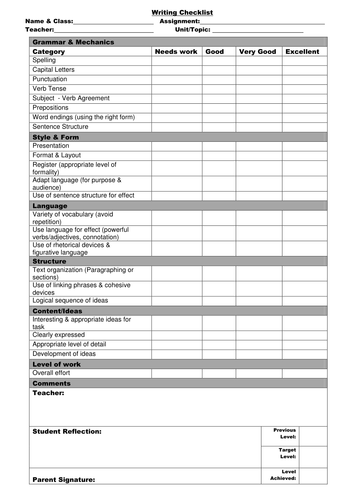 Reading, Writing and Speaking Assessment Checklists for Grade 6, 7 and ...