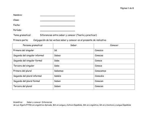 Gramática: Saber y conocer-Diferencias | Teaching Resources