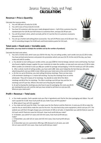 Revenue, costs and profit - Question sheet with answers | Teaching ...