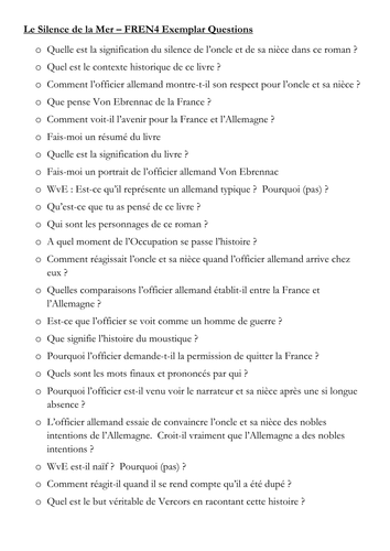 A2 FRENCH - Le Silence de la Mer Exemplar FREN4 Questions | Teaching ...