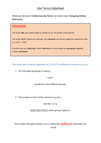 Maths KS3: Collecting like terms - worksheets by Labrown20 - Teaching ...