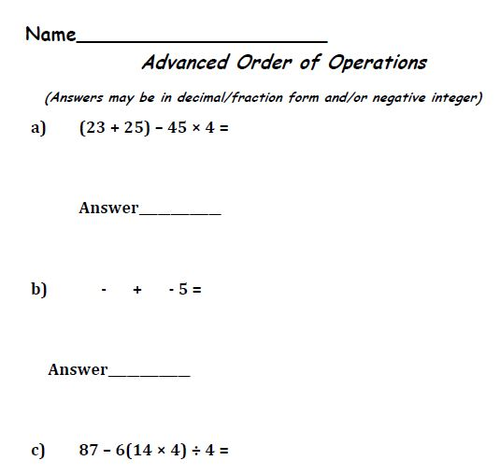 Order of Operations-Basic to Advanced | Teaching Resources