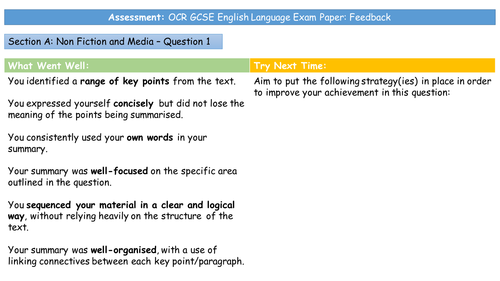 OCR GCSE English Language Exam Paper: Feedback Sheets (H Tier ...