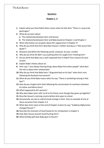 Kite Runner Question Sheets | Teaching Resources
