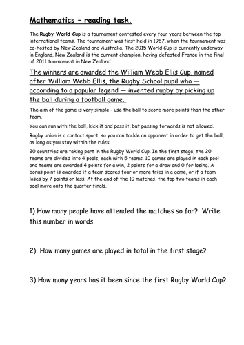 Reading Task - Rugby World Cup | Teaching Resources
