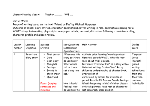 Literacy planning 'Friend or Foe' by Michael Morpurgo (17 lessons ...