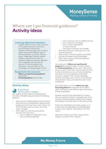 MoneySense activity ideas - Where can I get financial guidance ...