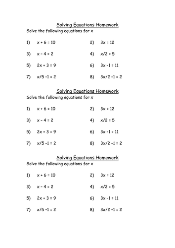 Solving Very Simple Equations Homework | Teaching Resources