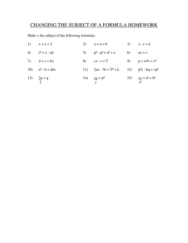 Rearranging Formulae Homework | Teaching Resources