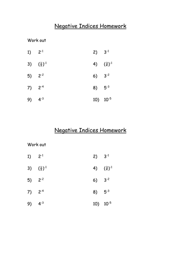 Negative Indices Homework | Teaching Resources Negative Indices Homework | Teaching Resources